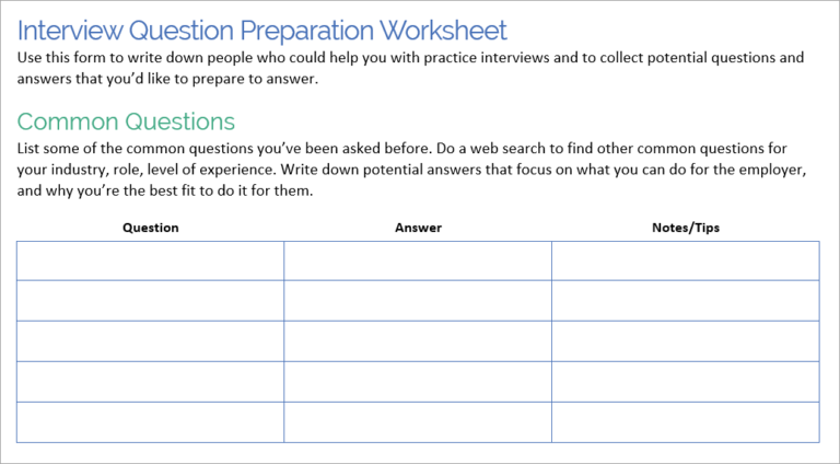 Job Interview Preparation Worksheet - Practice and Track Your Job ...